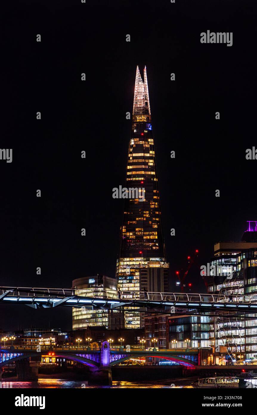 Night view of the fully illuminated London skyscraper The Shard, office ...