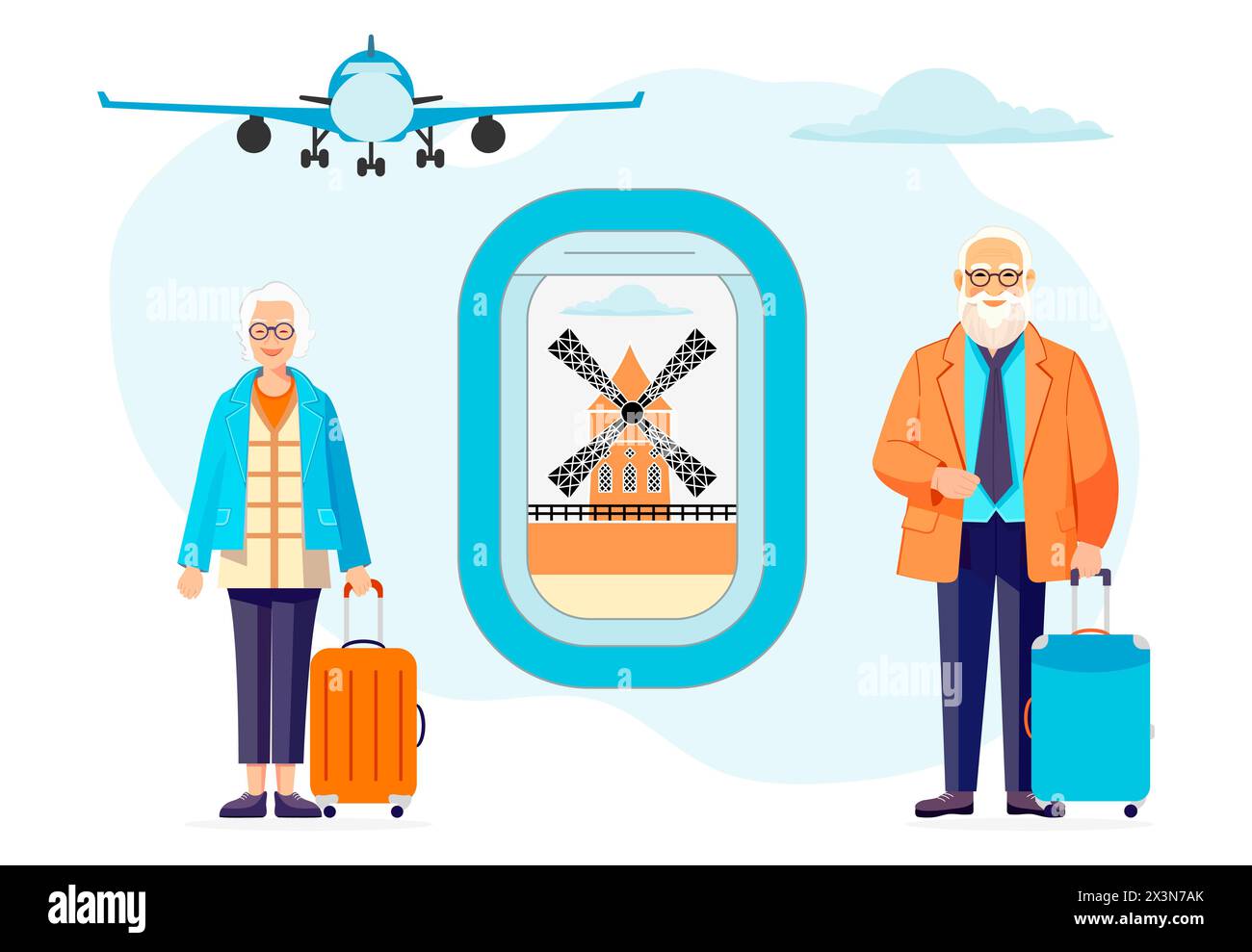 Vector travel illustration People go on journey. Retired Elderly couple ...