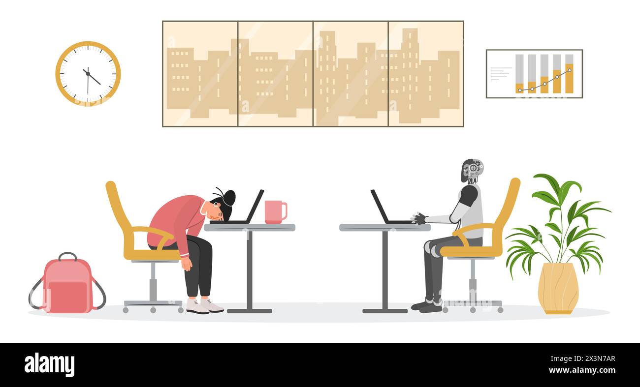 Smart AI Robot works on laptop, tired woman sitting on chair with head ...