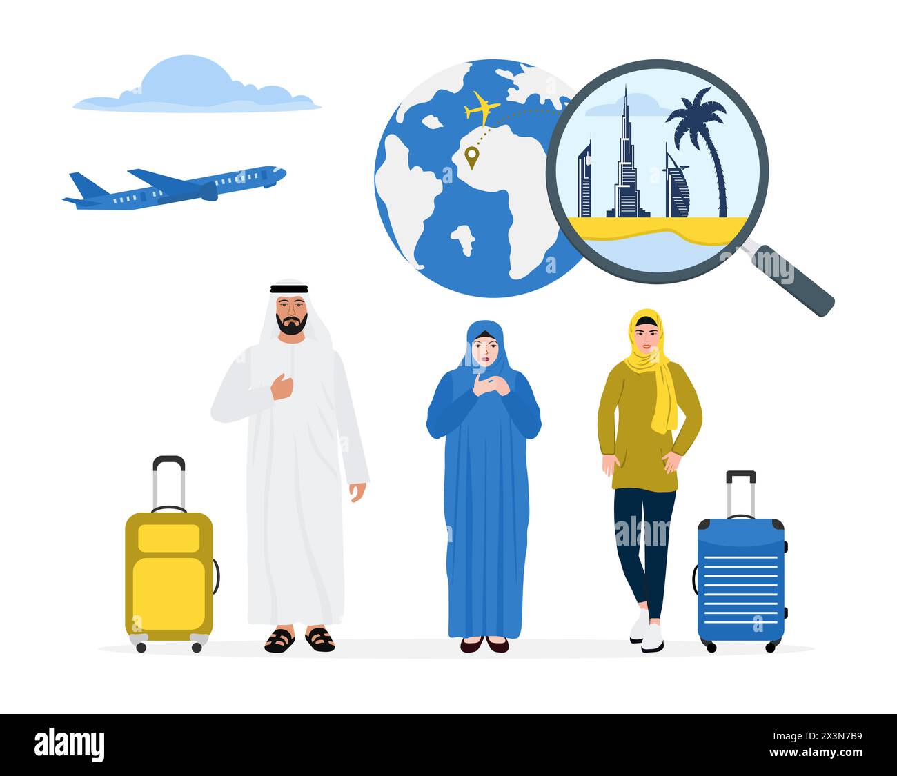 Vector travel illustration Muslim man, womans. Suitcases. Airplane ...