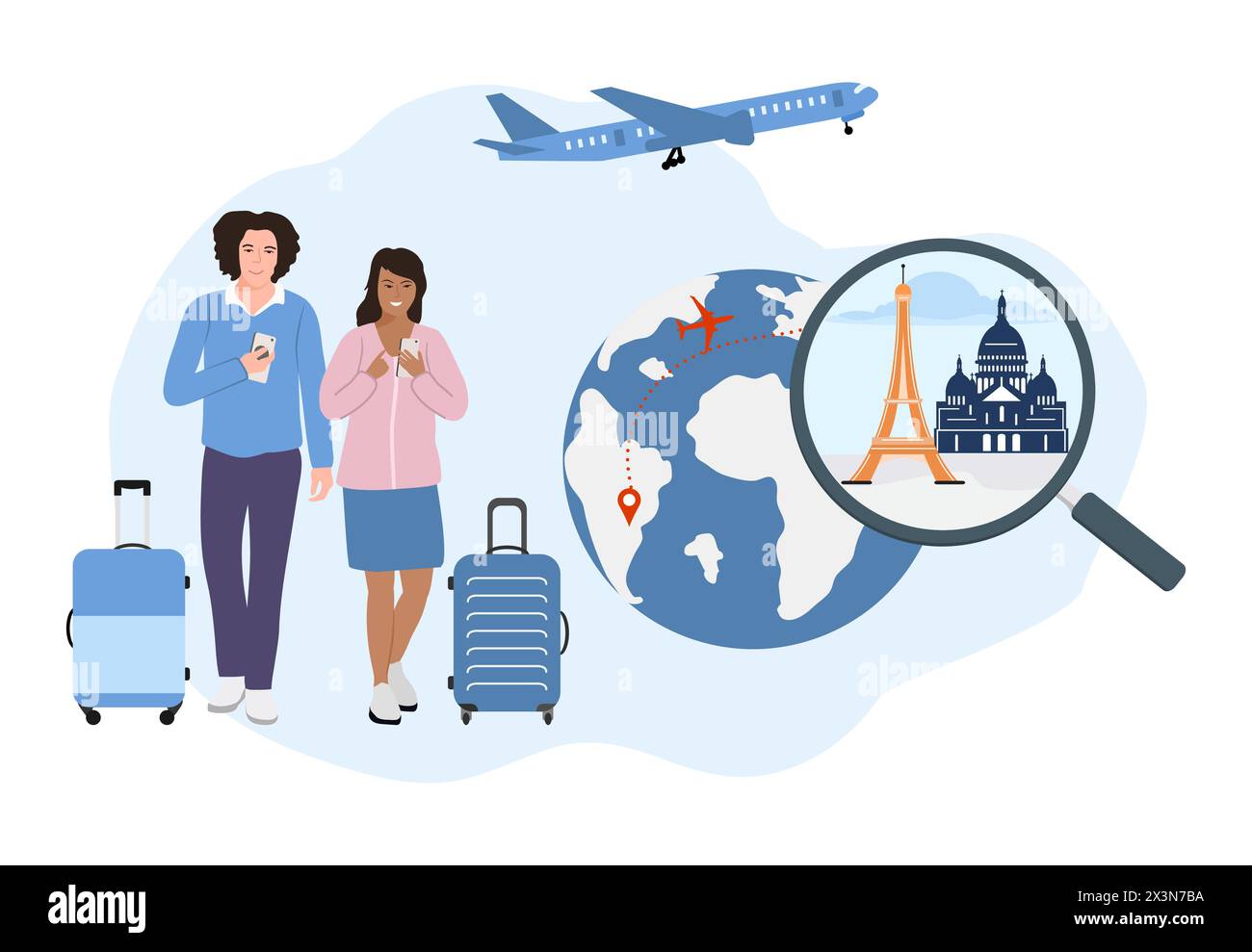 Vector travel illustration People go on journey. Man and girl with ...