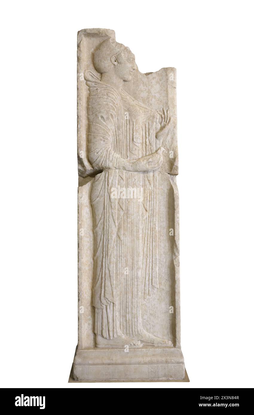 Funerary stele of a young girl with dove. The funerary stele depicts ...