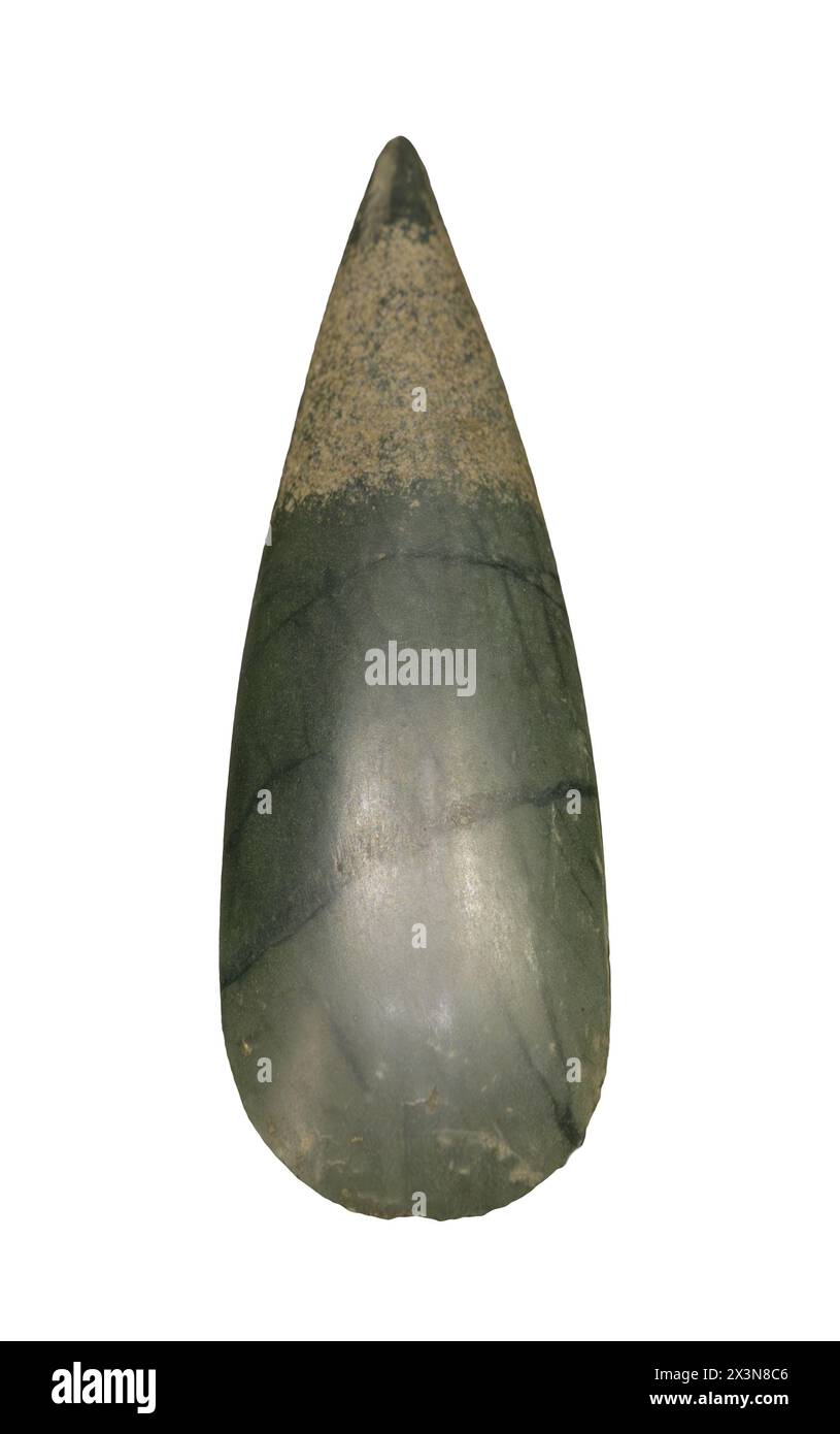 Neolithic polished stone axe, polished jadeite axehead on white ...