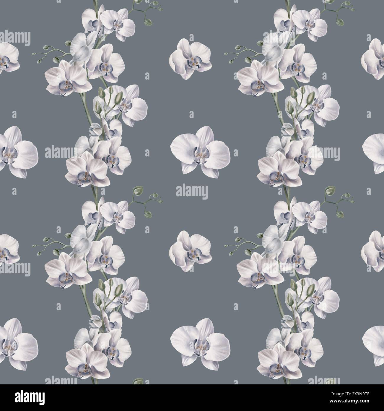 White orchid flowers in a seamless pattern with orchid branches and ...