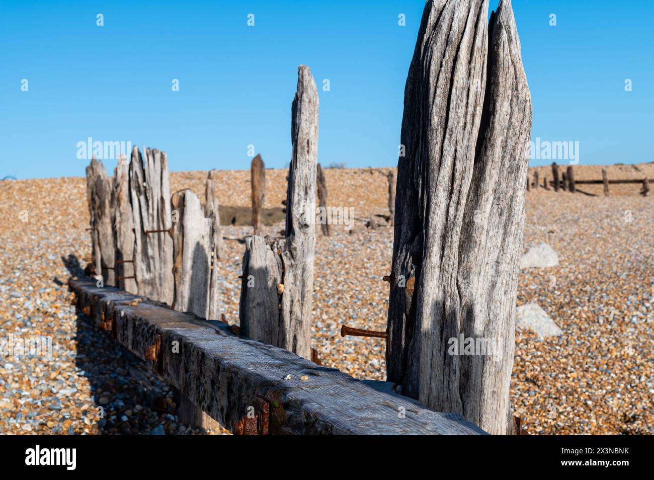Old wooden sea defences at Rye Harbour Nature Reserve, East Sussex ...