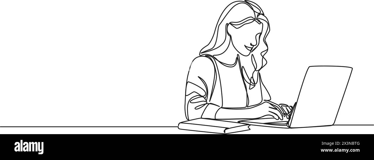 continuous single line drawing of female student using laptop computer ...