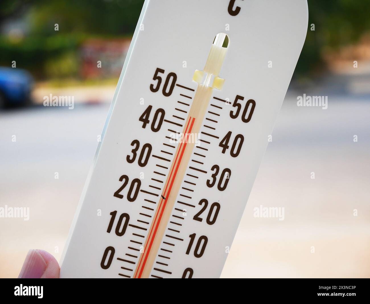 hand hold thermometer showing temperature in degrees Celsius, Hot ...