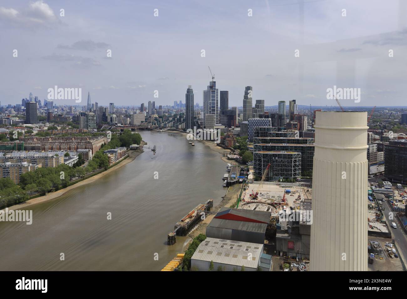 View east along the river Thames, from the Lift 109, Battersea Power ...