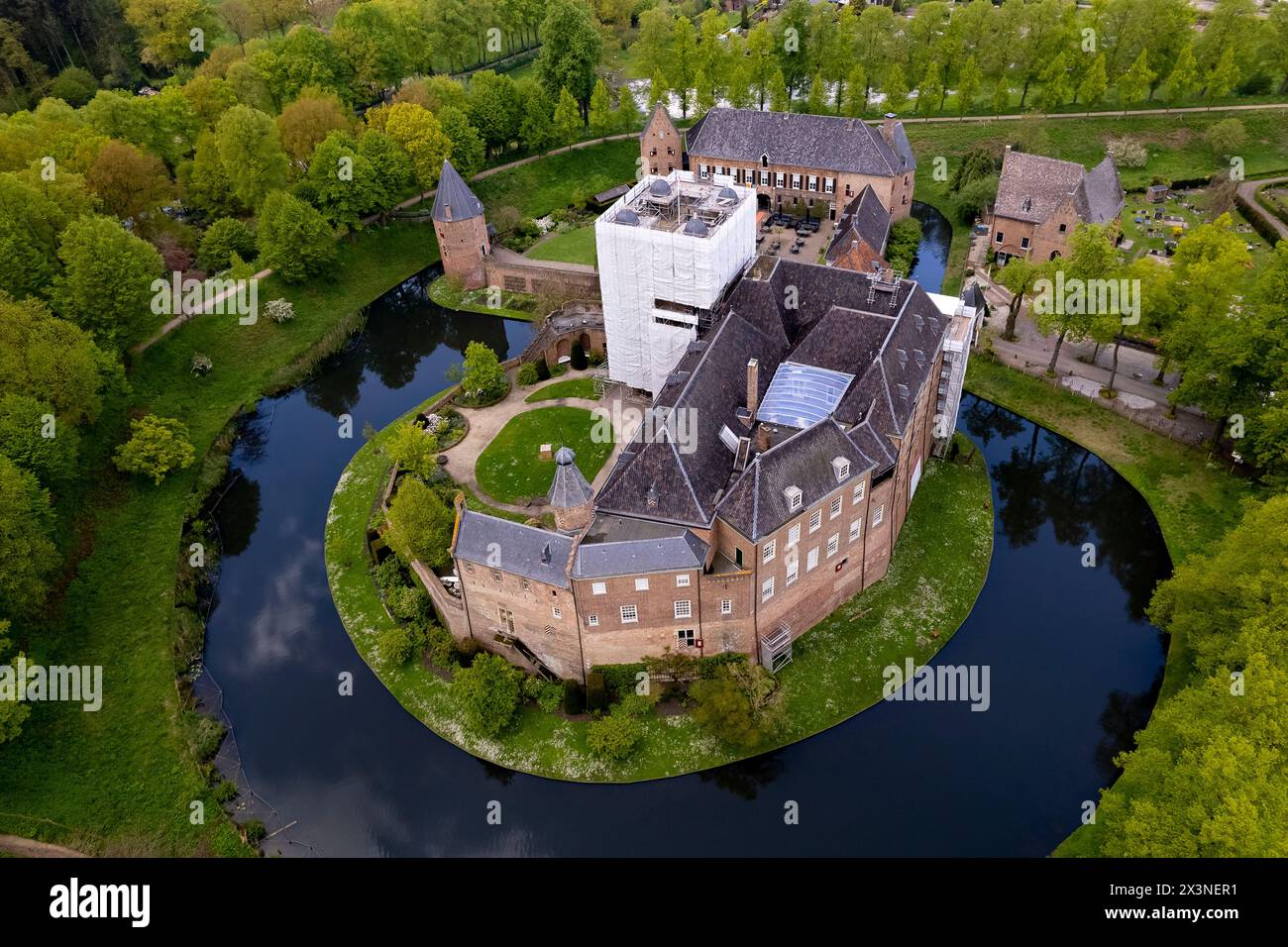 Aerial of Huis Berg castle manor in Dutch province of Gelderland seen ...