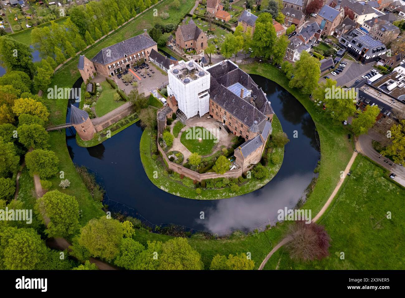 Aerial of Huis Berg castle manor in Dutch province of Gelderland seen ...