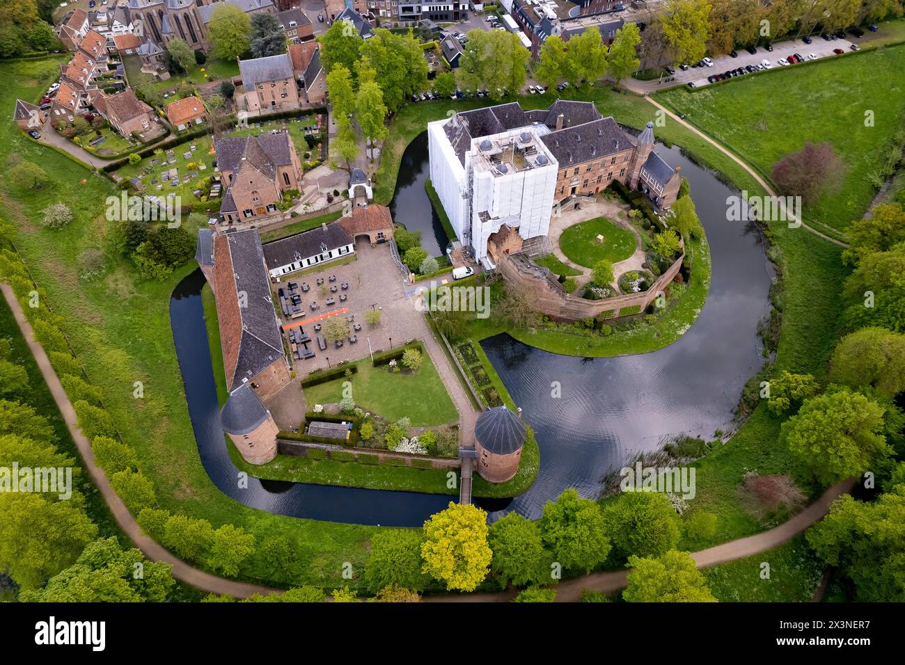 Aerial of Huis Berg castle manor in Dutch province of Gelderland seen ...