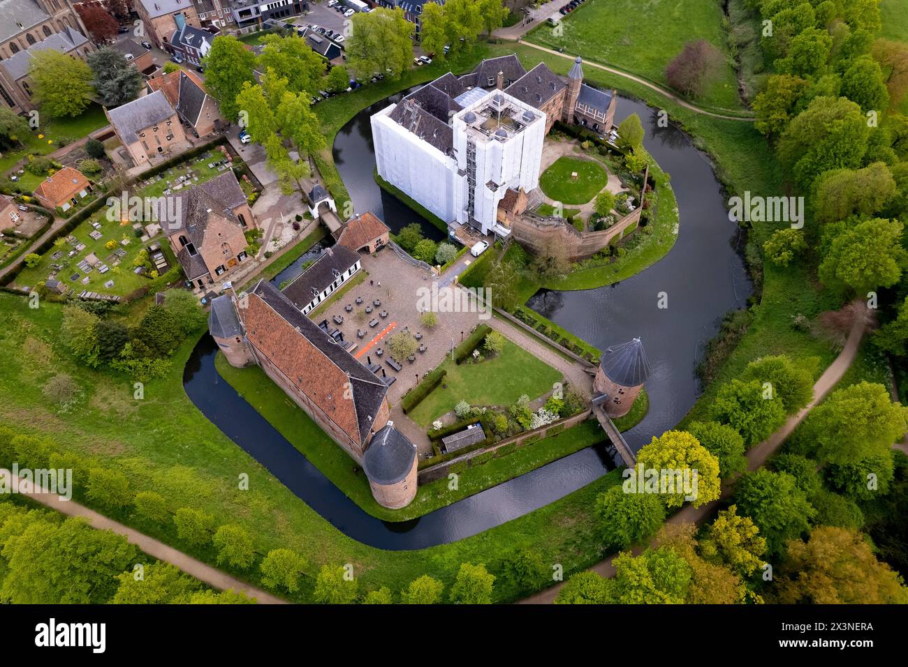Aerial of Huis Berg castle manor in Dutch province of Gelderland seen ...