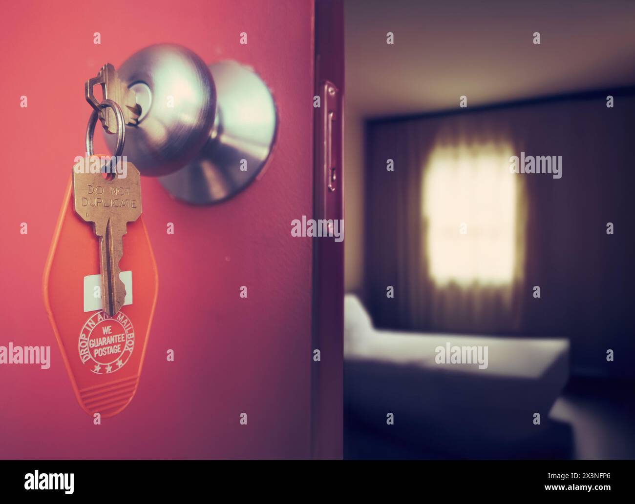 A Retro 70s Era USA Motel Room With Focus On The Key In The Door Stock ...