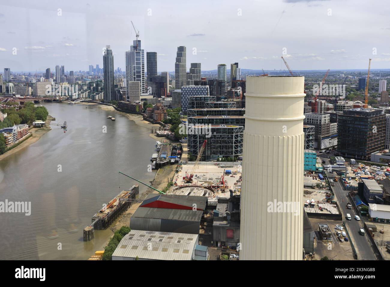 View east along the river Thames, from the Lift 109, Battersea Power ...