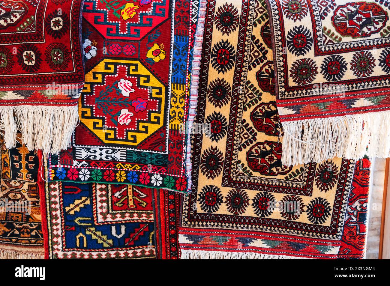 Colorful expensive modern oriental Arabic carpets on oriental bazaar in ...