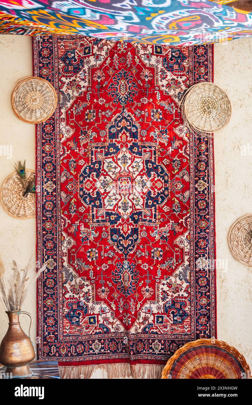 vintage traditional Arabic red handmade carpet at the oriental bazaar ...