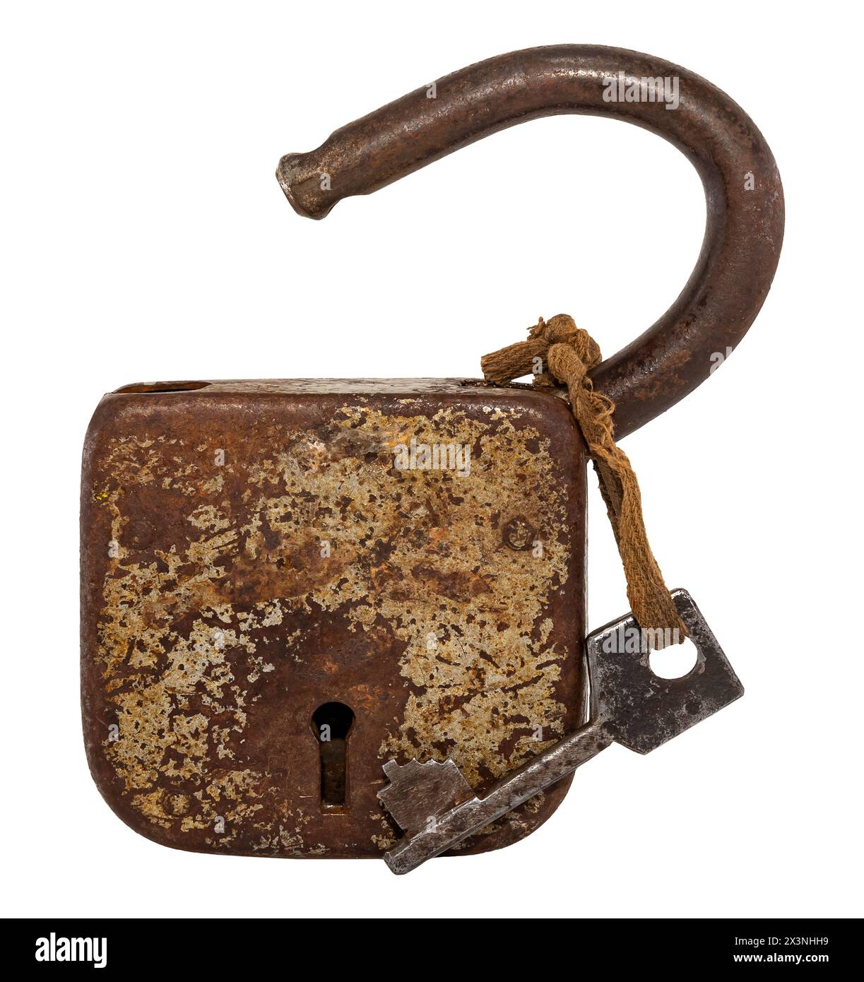 Padlock old padlock with a key on a white background. Isolate of a ...