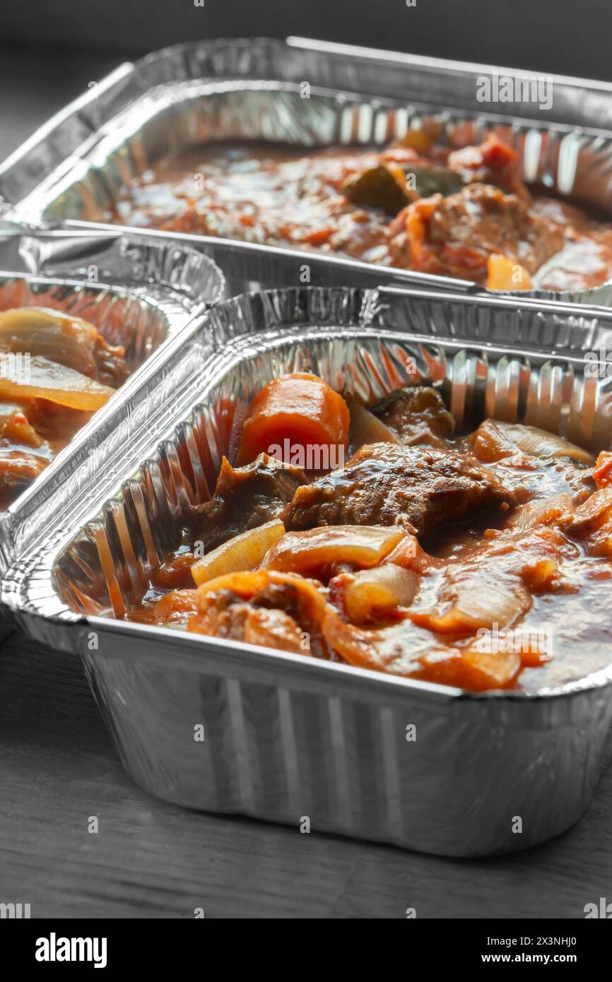 Beef casserole, with herbs and vegetables, in a red wine and tomato sauce. In foil trays. Batch ...