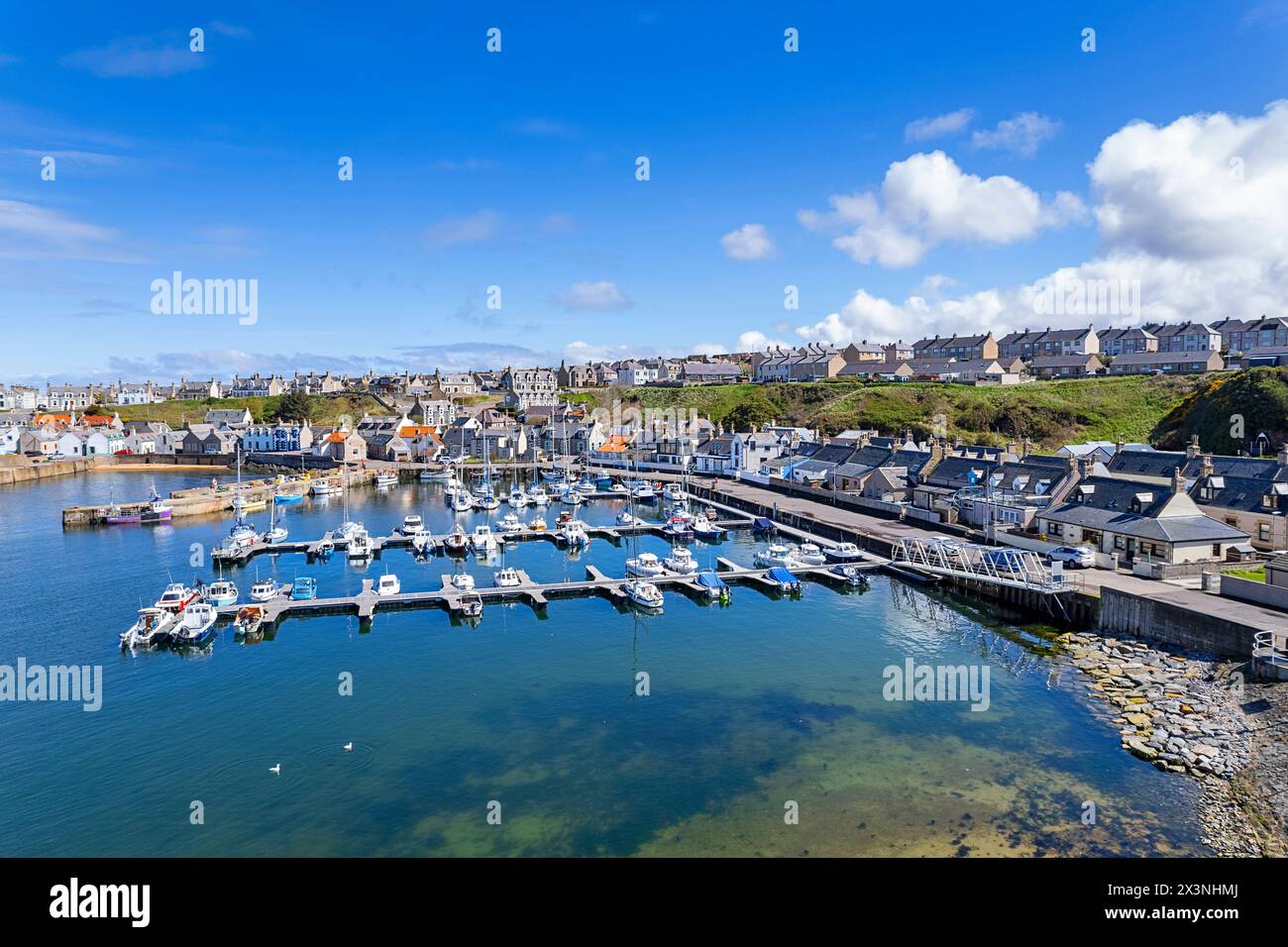 Findochty Moray Firth Scotland a blue sky over the village houses ...