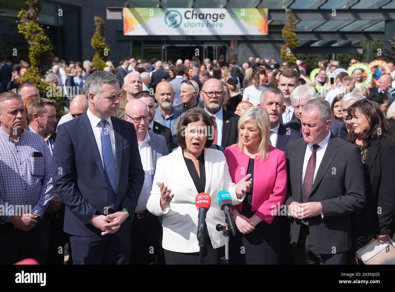 (front left - right) Pearse Doherty, Sinn Fein leader Mary Lou McDonald ...