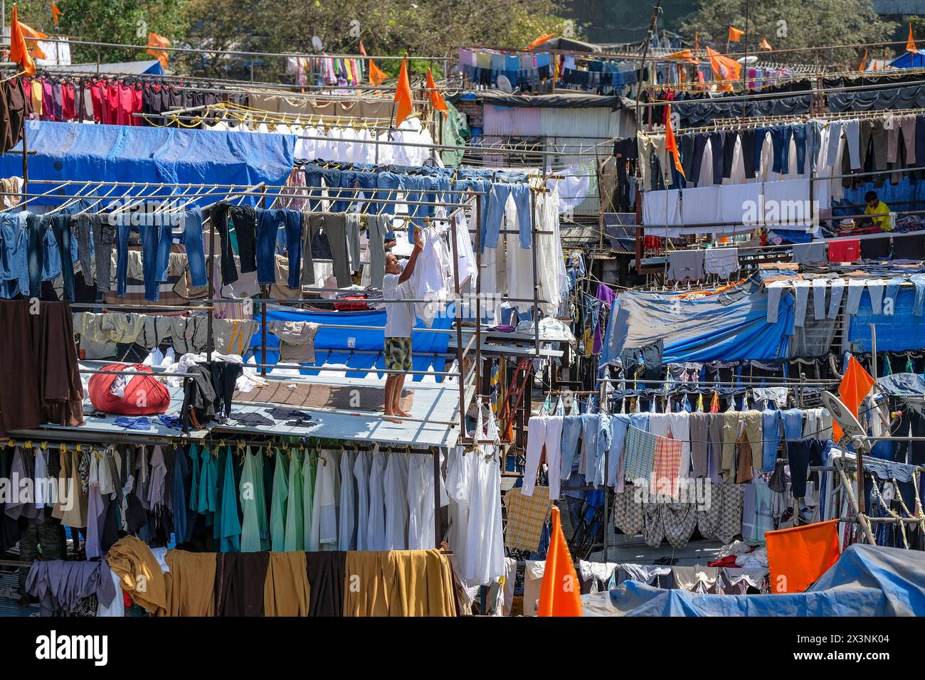 Mumbai, India - March 3, 2024: A man working at Mahalaxmi Dhobi Ghat ...