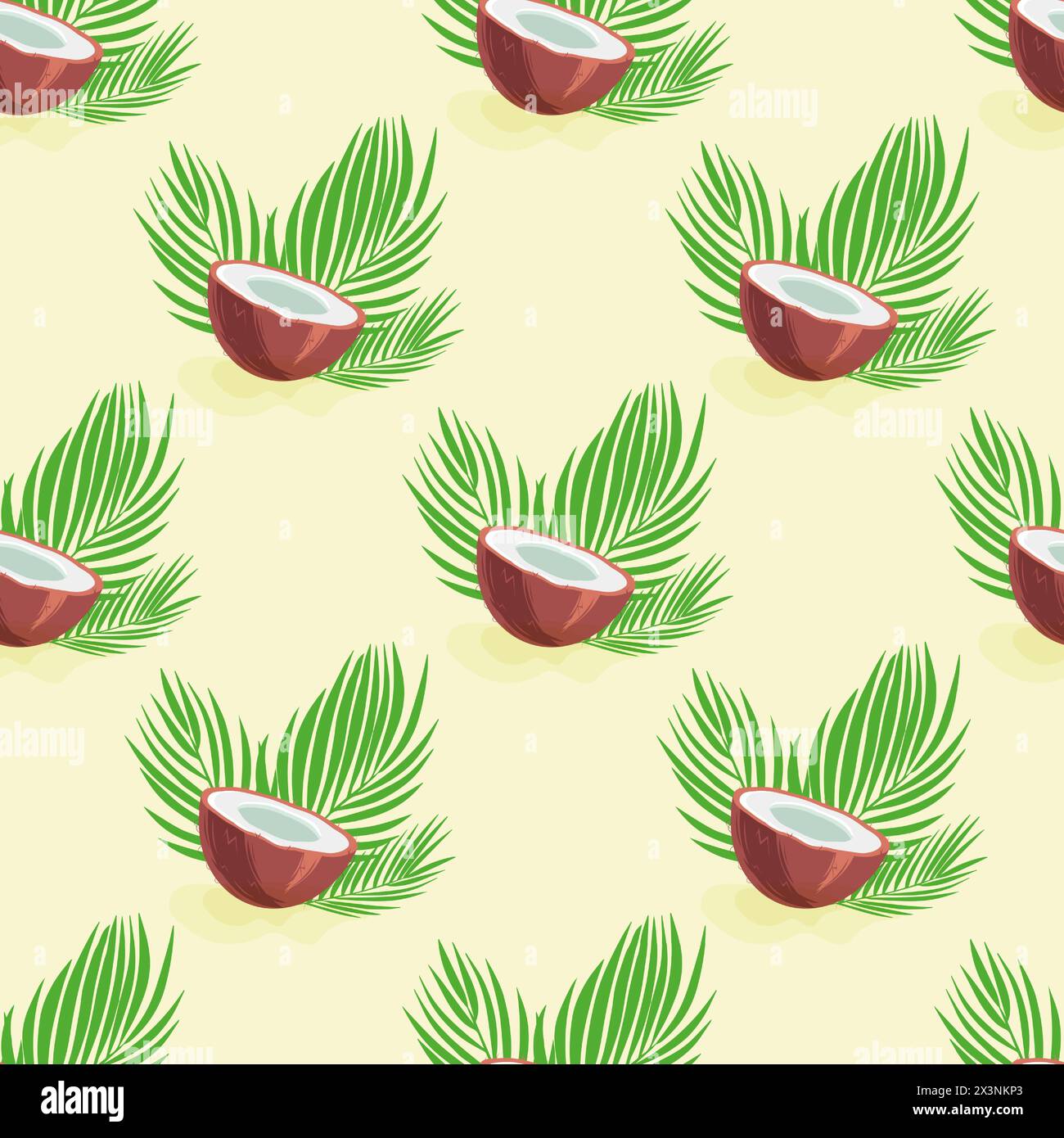 Seamless pattern with half a coconuts and palm leaves. Summer background. Template for fabric ...