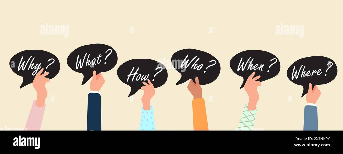 People's hands holding speech bubble with question -Who What Where When ...