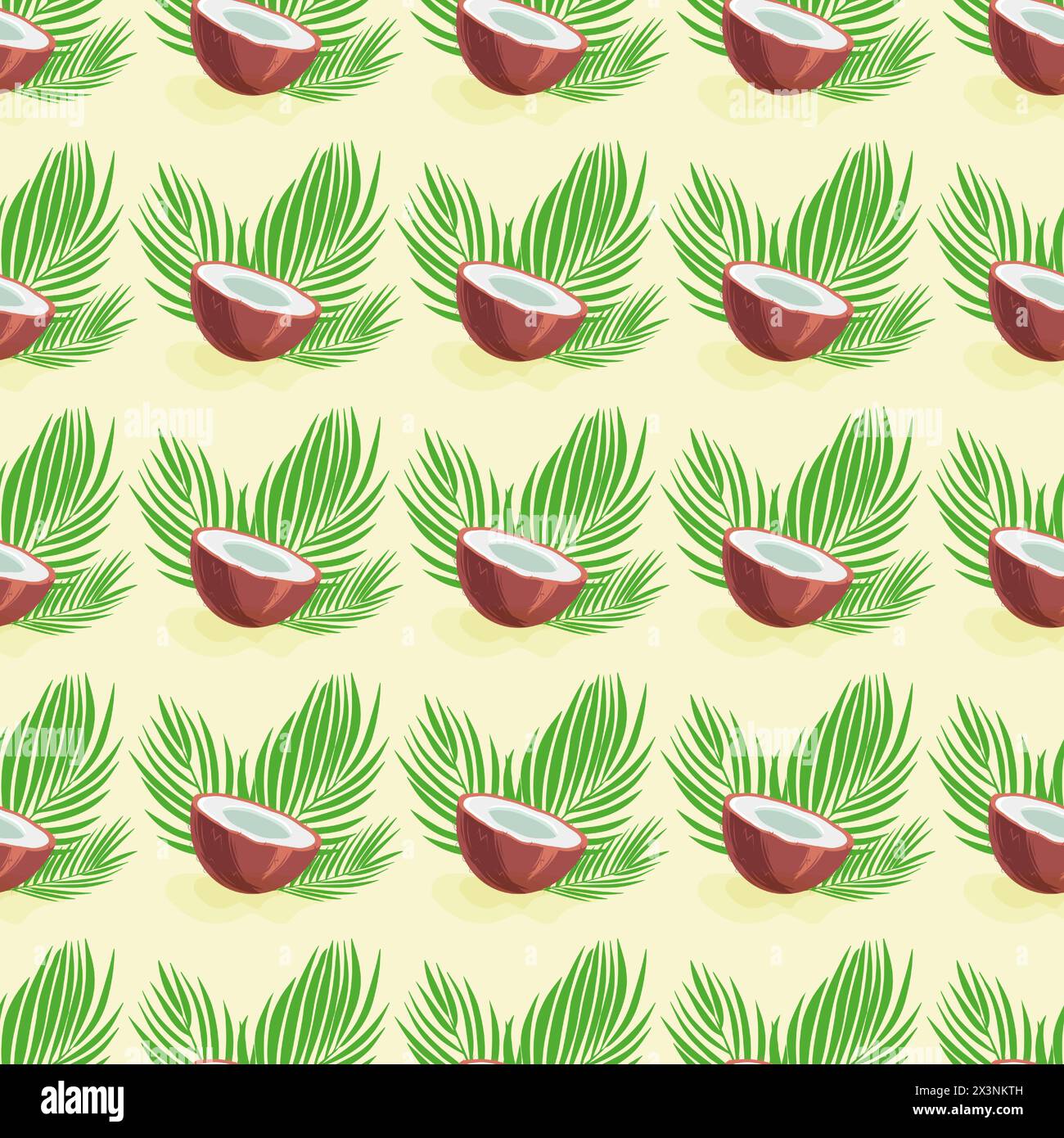 Seamless pattern with half a coconuts and palm leaves. Summer background. Template for fabric ...