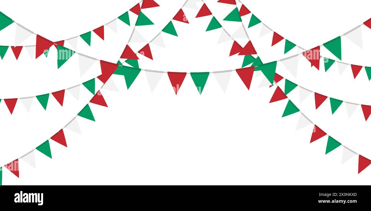 Green, white and red flag garland. Triangle pennants chain. Party ...