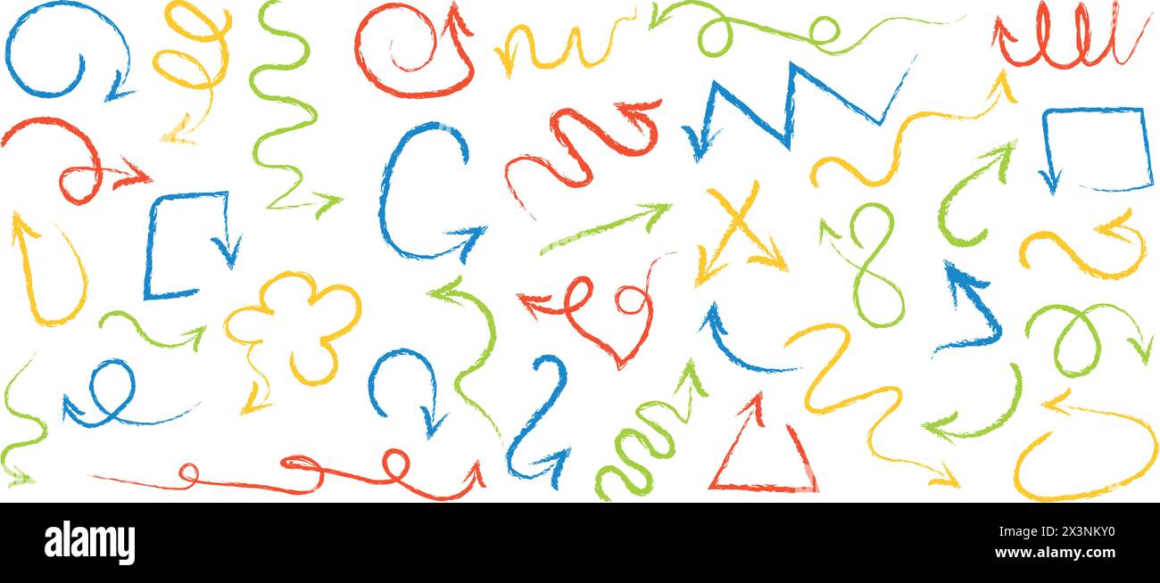 Hand drawn chalked arrows icons set. Free from different curved lines ...