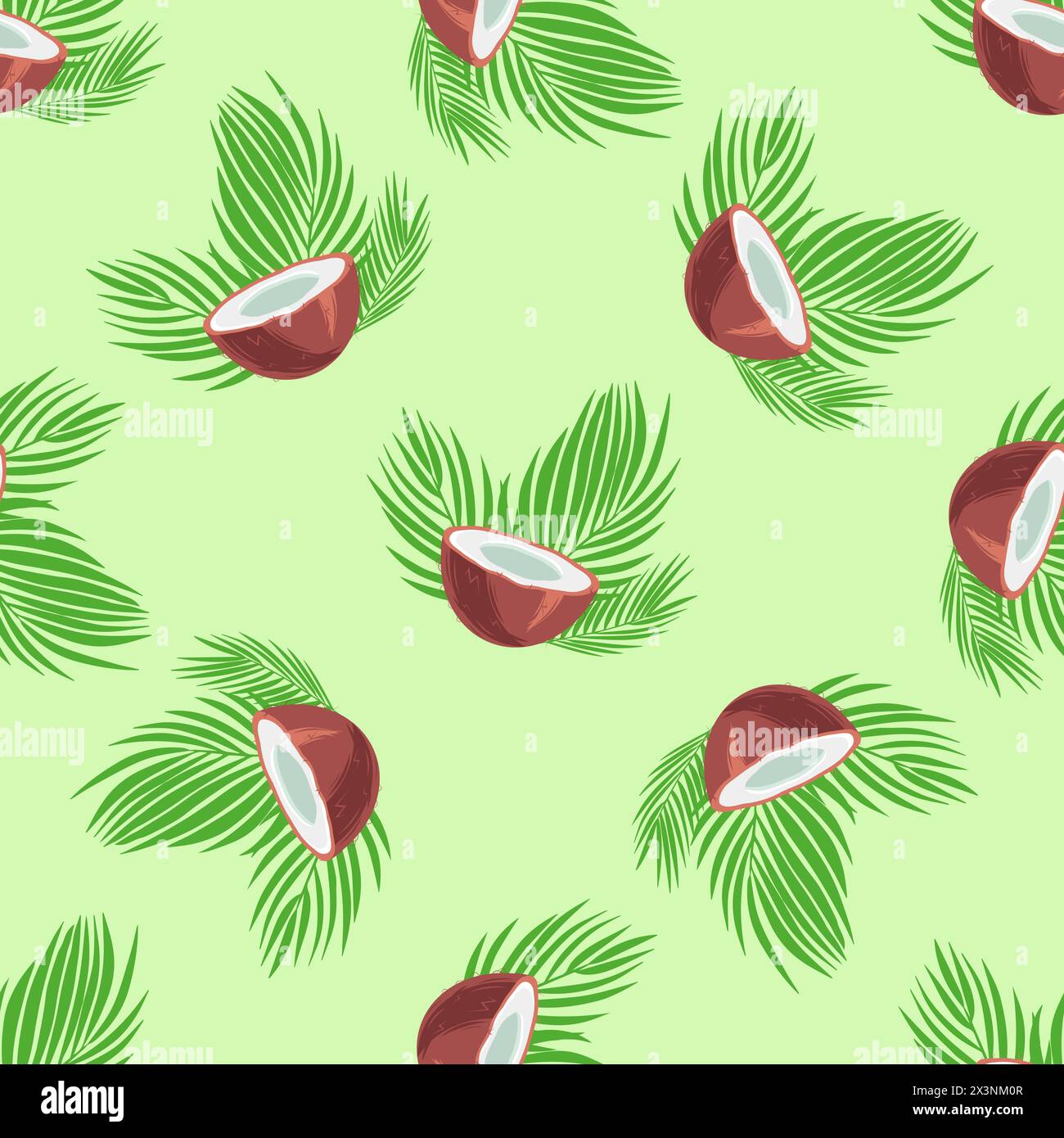 Seamless pattern with half a coconuts and palm leaves. Summer background. Template for fabric ...