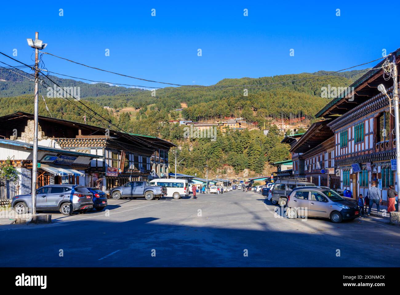 The main street in Chamkhar Town, Jakar, Bumthang, in the central ...