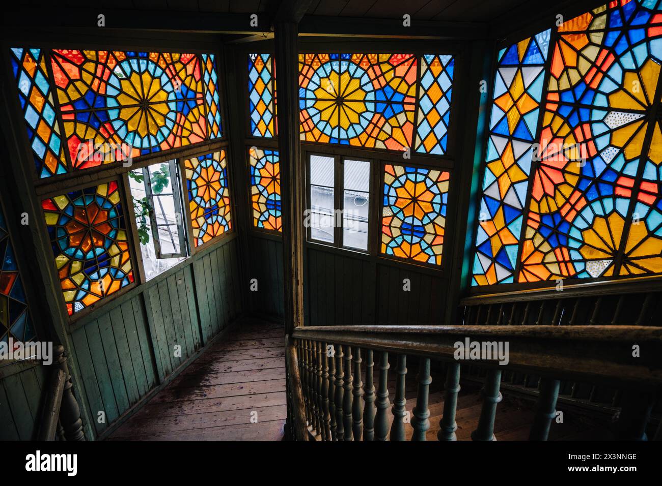 Beautiful stained glass windows and old wooden stairs of Gallery 27, in ...