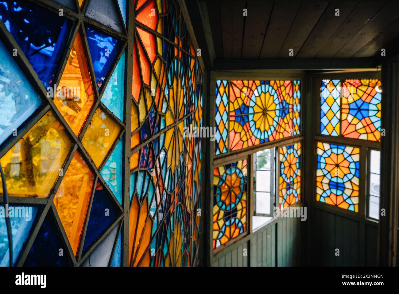 Beautiful stained glass windows and old wooden stairs of Gallery 27, in ...