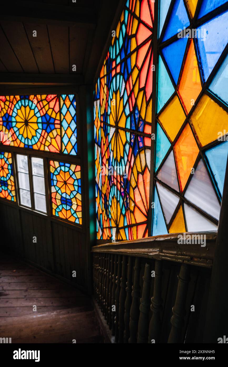 Beautiful stained glass windows and old wooden stairs of Gallery 27, in ...