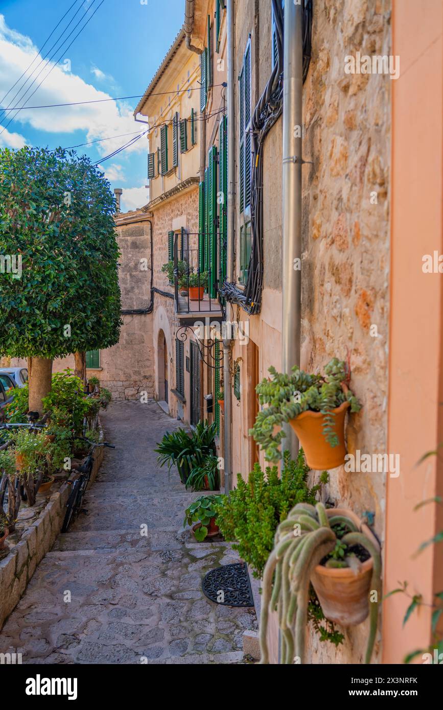 Street of Valldemossa the old mediterranean village in the mountain ...