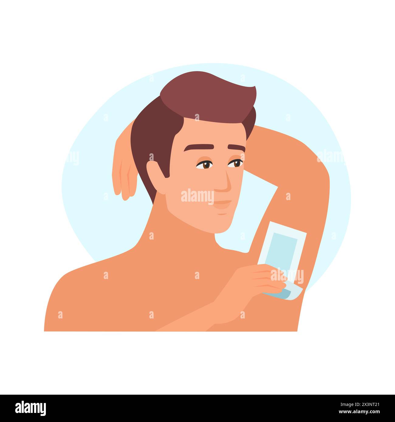 Young man removing hair from armpit using wax strip, beauty procedure ...