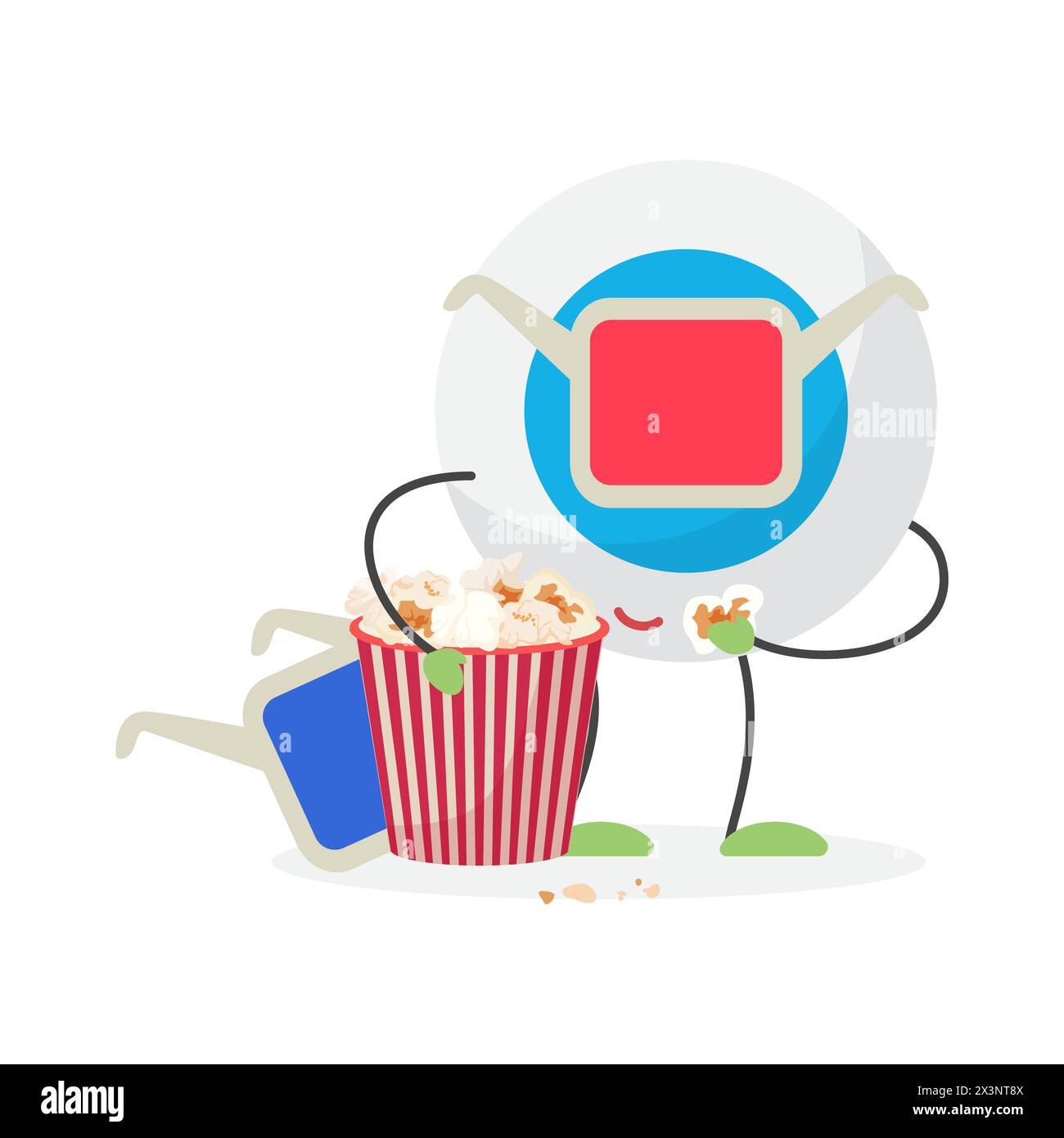 Funny eyeball character with 3D glasses and popcorn in box watching ...