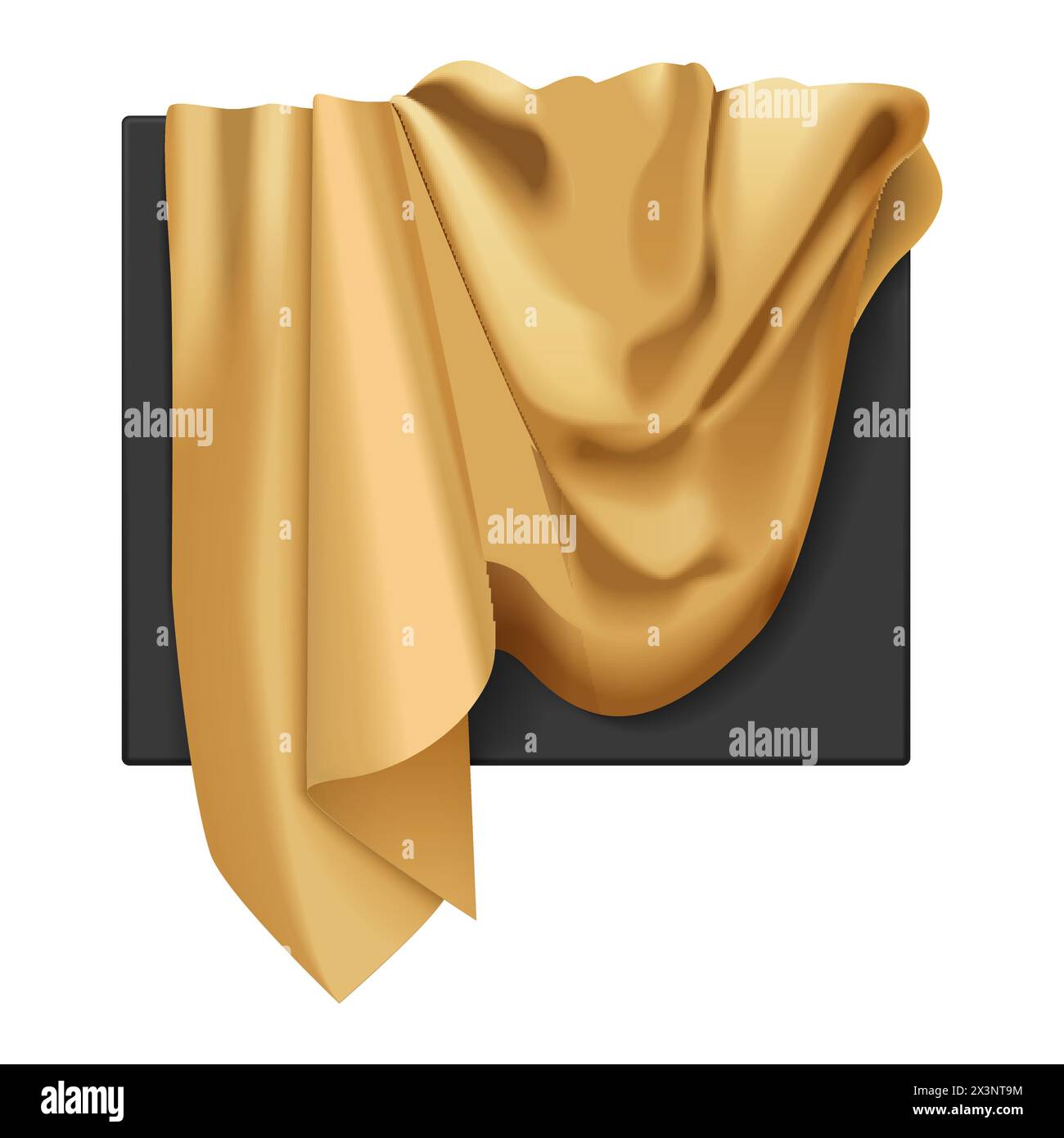 Gold shiny satin fabric with waves of 3D realistic drapery hiding box ...