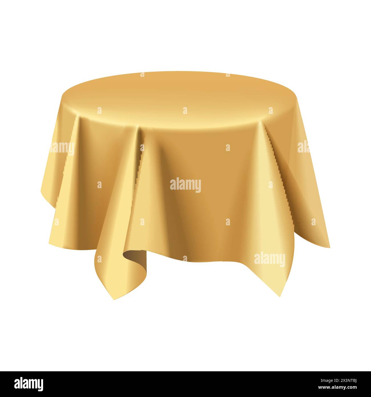 Gold silk fabric tablecloth on round table, 3D realistic blanket vector ...