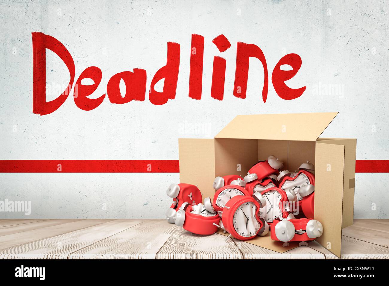 3d rendering of damaged red alarm clocks in a cardboard box Stock Photo ...