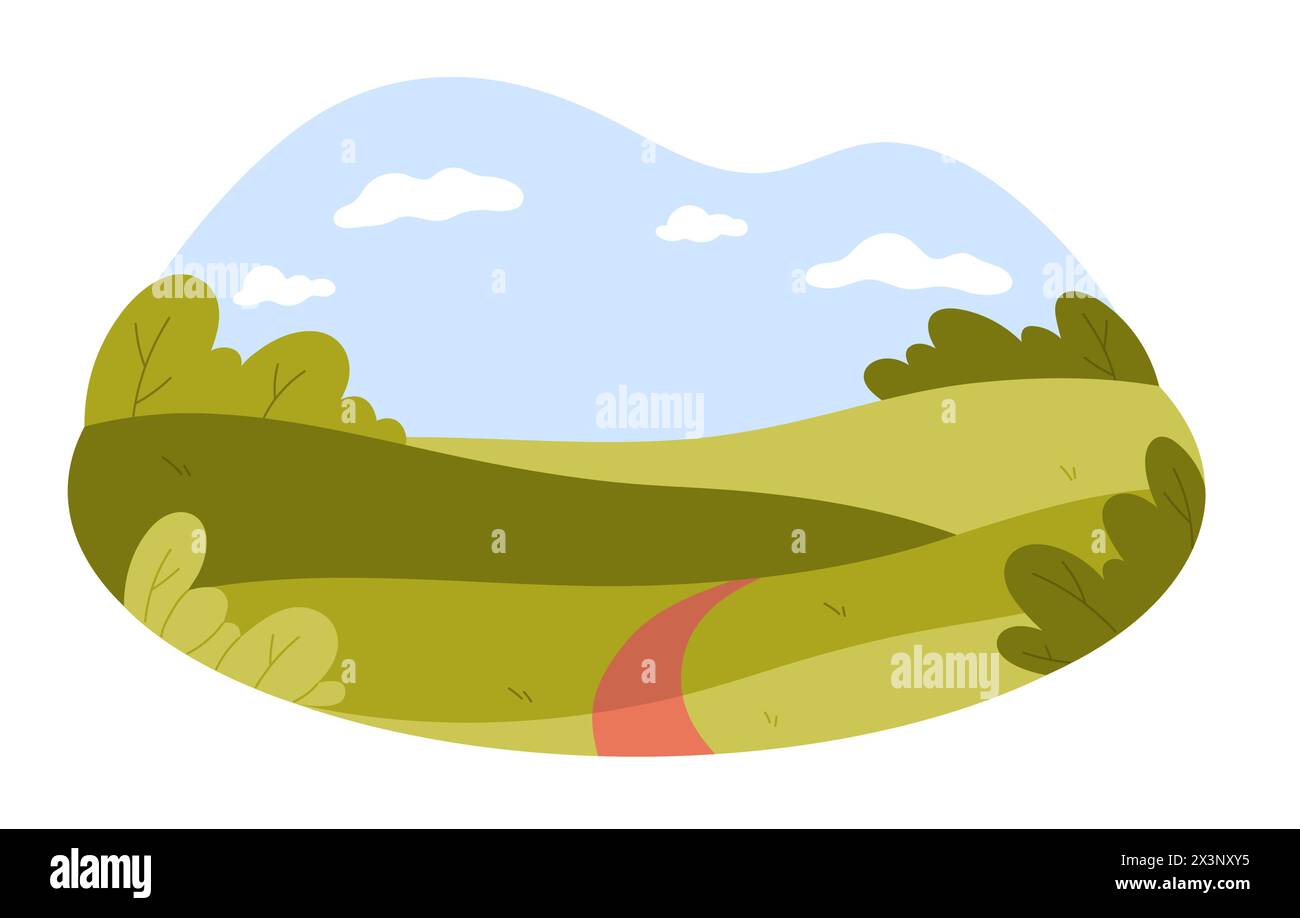 A serene landscape featuring green hills with a meandering path, lush ...