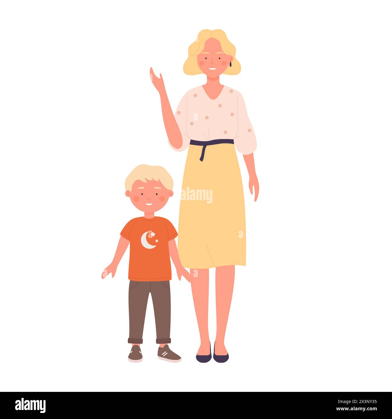 Happy young mother and son standing together, mom waving hand vector ...