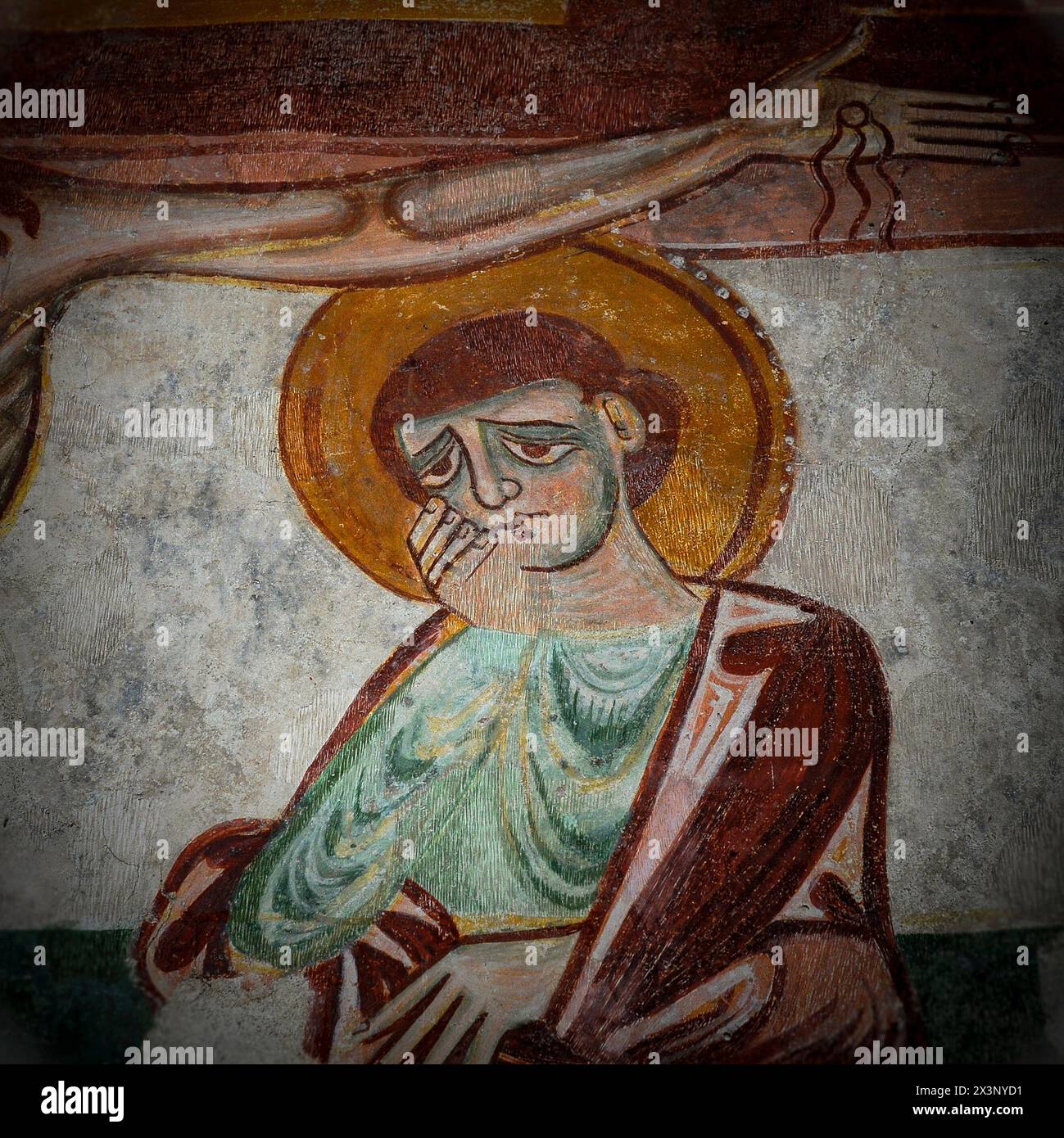 Detail from crucifixion fresco, painted around 1180, in the Crypt of the Basilica of Santa Maria ...