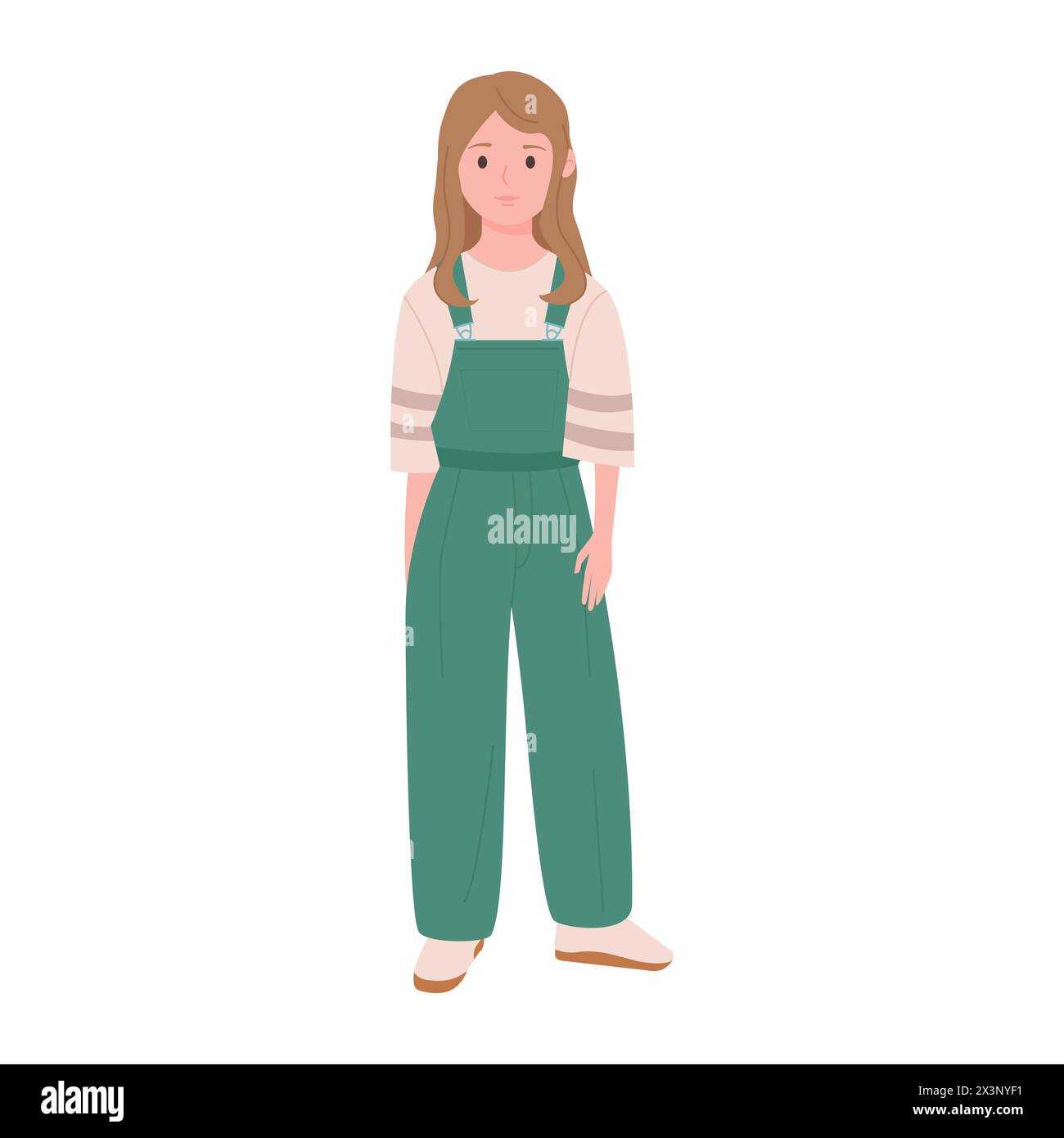 Teen girl in green modern overalls standing and smiling vector ...