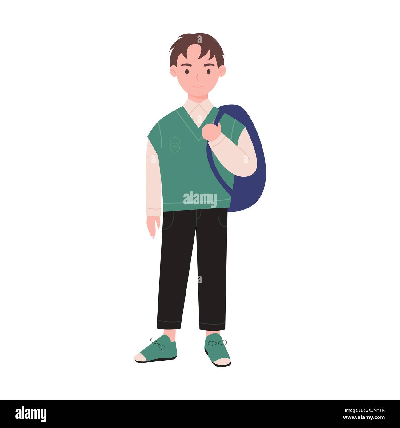Middle school boy holding backpack on shoulder, male character standing and smiling vector ...