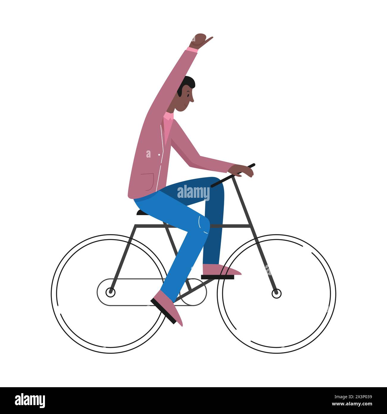 Happy adult man riding bicycle with hand up, side view of young cyclist ...