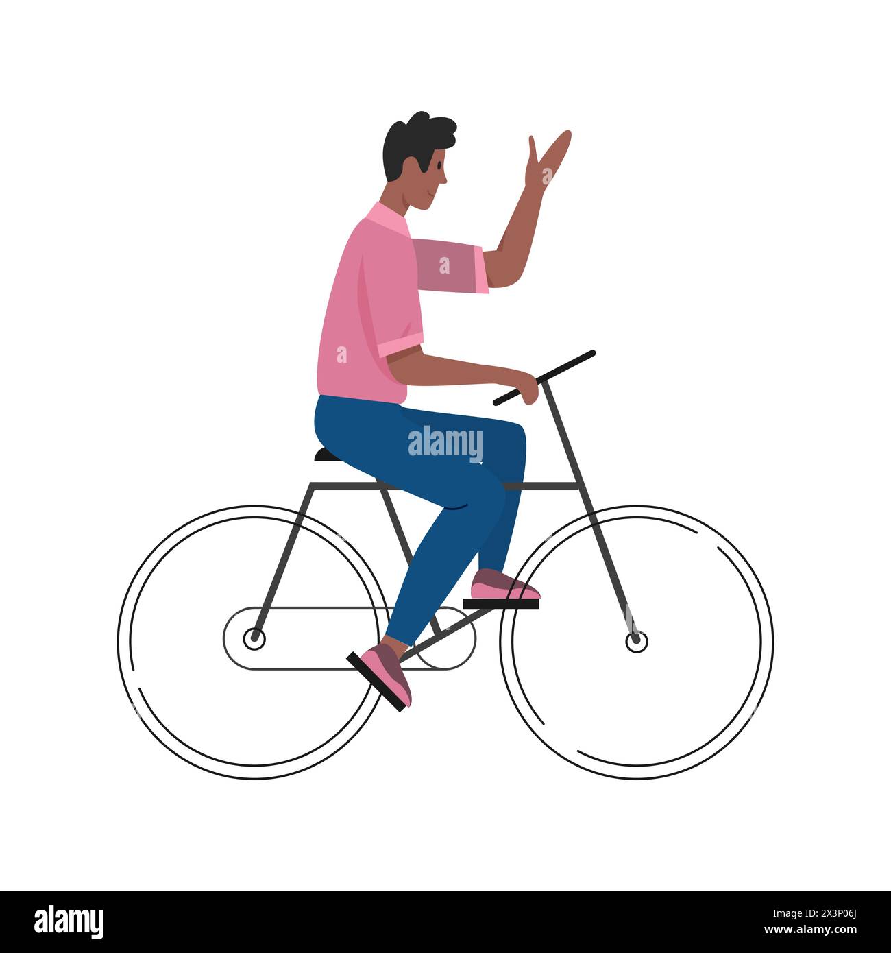 Happy man riding bicycle with hand up, male cyclist character waving ...