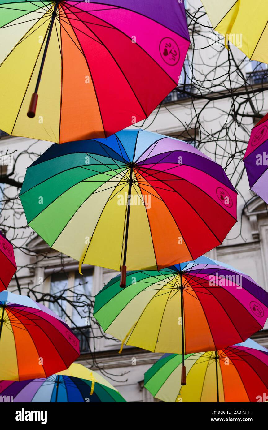 Paris, France, Rainbow coloured umbrellas hanging in Le Marais Stock ...