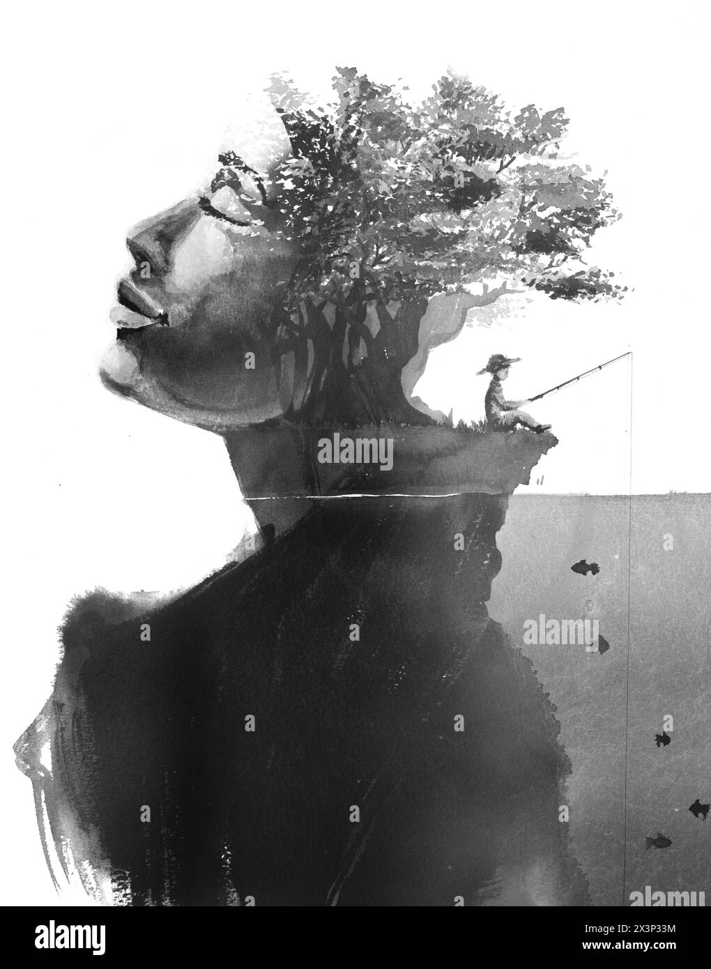 A surreal double exposure portrait of a woman's profile painting Stock ...